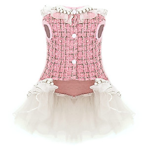 Dog Plaid Dress Lace Tulle Tutu Princess Skirt with Pearls Accessory for Small Girl Dogs Christmas Holiday Wedding Birthday Party (Pink, M)