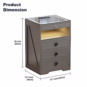 Lvifur RGB Nightstand with Gun Drawer, Glass Top Bedside Table with Wireless Charger Station, LED Night Stand with Human Sensor Design, Modern End Table for Bedroom Living Room (Grey)