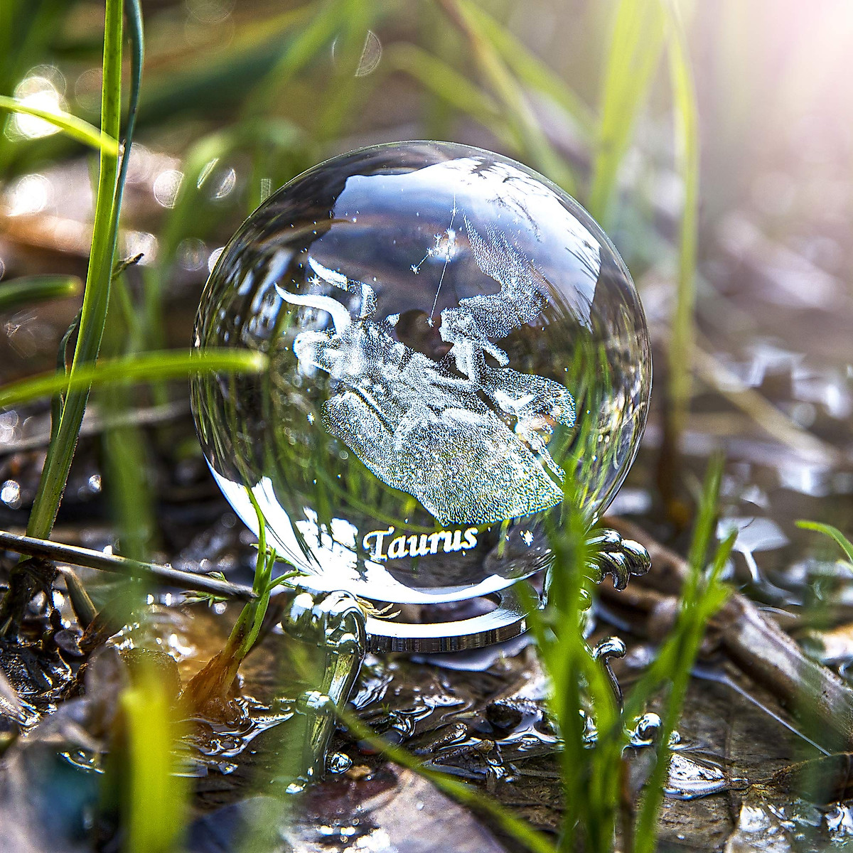 HDCRYSTALGIFTS 3D Laser Constellation Crystal Ball Crystal Paperweight Full Sphere Glass Fengshui with Sliver-Plated Flowering Stand(Taurus)