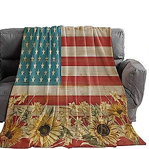 Possta Decor Retro American Flag with Farm Sunflowers Throw Blanket, Lightweight Cozy Warm Throws Wooden Texture, Super Soft Fuzzy Plush TV Blankets for Living Room Bedroom Bed Couch Chair