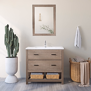 wonline 36’’ Bathroom Vanity with Sink Freestanding Cabinet Set Design Resin Basin Undermount Sink with Mirror Chrome Faucet P-Trap Drain Modern Bathroom Sink Cabinet Brown Powder Room