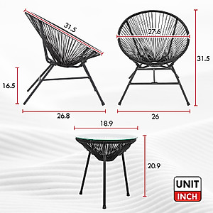Acapulco Patio Bistro Set 3-Piece Outdoor Furniture Set All-Weather Woven Rope Patio Conversation Set with Glass Top Table and 2 Chairs (Black)