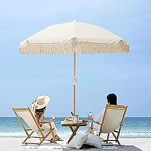 LefeDa 6.5FT Boho Umbrella With Fringe Beige Beach Umbrellas For Sand UV Protection Large Outdoor Umbrella Wooden Stanchions Patio Table Umbrella Waterproof Foldable 8 Ribs With Carry Bag