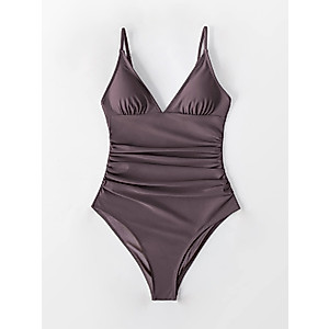 CUPSHE Women's One Piece Swimsuit Tummy Control V Neck Two Piece Bathing Suits, Cafe Brown, L