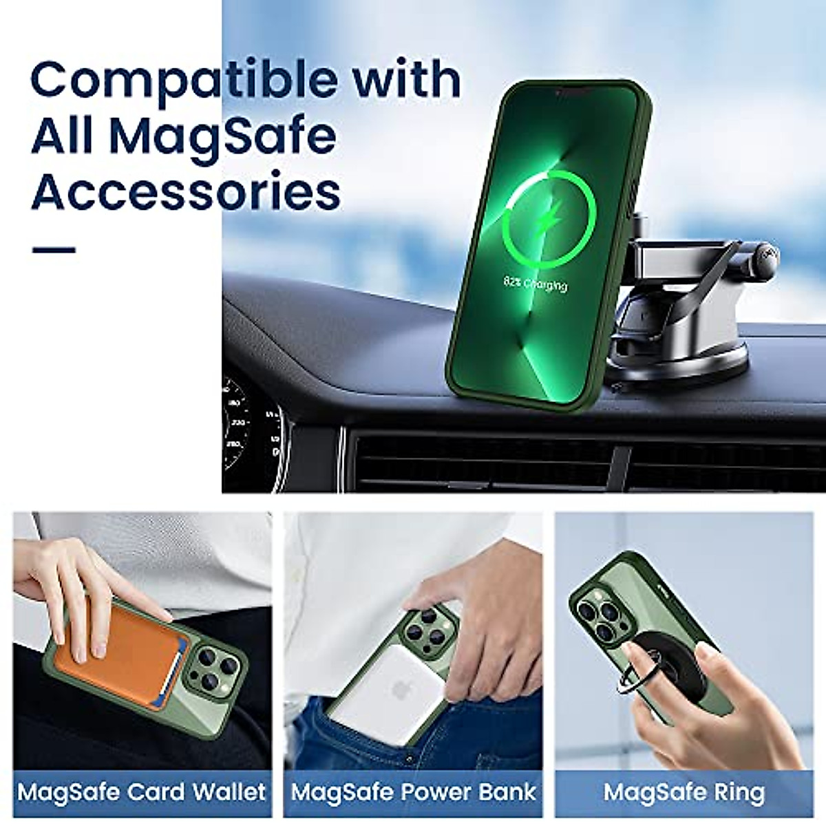 VEGO for iPhone 13 Pro Max Magnetic Case, Clear Hard PC Back Cover Shockproof Protective Slim Bumper Case with Built-in Strong Magnets for iPhone 13 Pro Max & iPhone 12 Pro Max 6.7"- Alpine Green