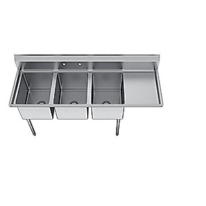 Elkay Foodservice 3 Compartment Sink, 54.5"X25.75" OA, 36" Working Height, 16X20 Bowl, 14 Deep, 9.75" Backsplash, Right 18" Drainboards, 8" On Center Faucet Hole, Galvinized Legs, Adjustable Feet, 16 Gauge 300 Series Stainless Steel, NSF Certified