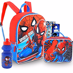 Marvel Spiderman Backpack With Lunch Box ~ 5 Pc Bundle With 15" Spiderman School Bag For Boys, Girls, Kids, Lunch Bag, Stickers, And More (Spiderman School Supplies)