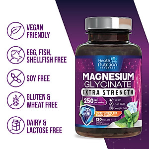 Magnesium Glycinate 250 mg - Natural, High Absorption Magnesium Tablets Chelated for Muscle, Nerve, Bone & Heart Health Support - Gentle Form, Non-GMO, Gluten Free, Vegan Supplement - 120 Tablets
