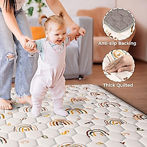 ieBabay Baby Play Mat 43 x 43 Playpen Mat One-Piece Washable Baby Crawling Mat Non Slip Cushioned Baby Playmat Boho Rainbow ABC Floor Mat for Babies Toddlers Infants (43X43,Beige)