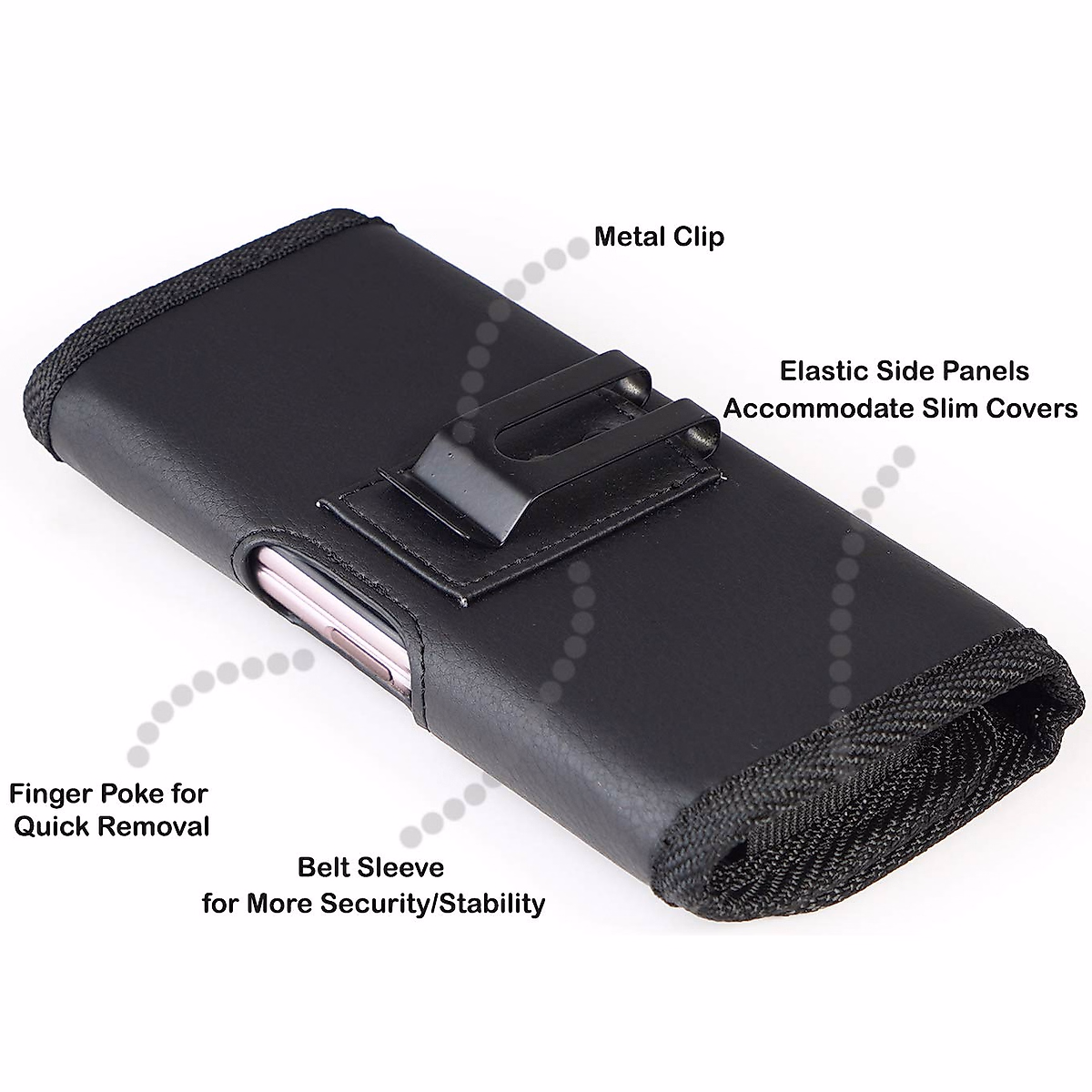 Case for Motorola Phone, Nakedcellphone Black Vegan Leather Horizontal Pouch [Metal Clip, Belt Harness, Magnetic Closure] for Moto ThinkPhone, Edge, Edge+, G Power 5G, G Play, Nokia C300/C110/G310