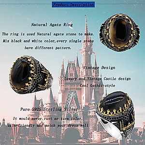 Qida Natural Agate Men's Ring S925 Pure Silver Black Agate Stone Ring Vintage Castle Men's Ring Gothic Unique Bracelet (Size9)