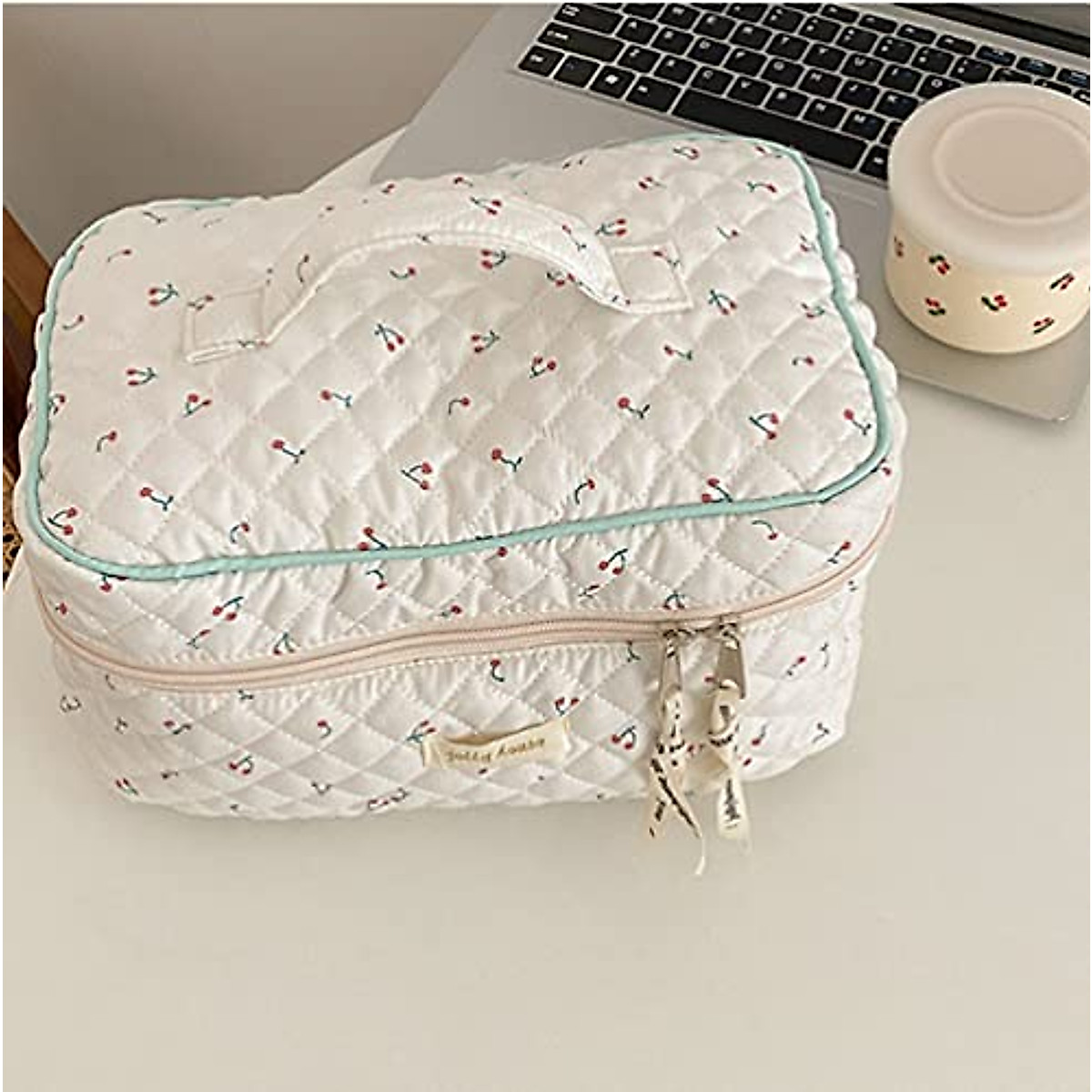 CAIYING Kawaii Coquette Makeup Bag Large Capacity Travel Cosmetic Bag Cotton Makeup Bag Quilted Cosmetic Pouch Coquette Aesthetic Floral Toiletry Bag