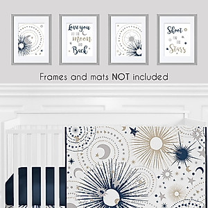 Sweet Jojo Designs Star and Moon Wall Art Prints Room Decor for Baby, Nursery, and Kids - Set of 4 - Navy Blue, Gold, and Grey Celestial Sky
