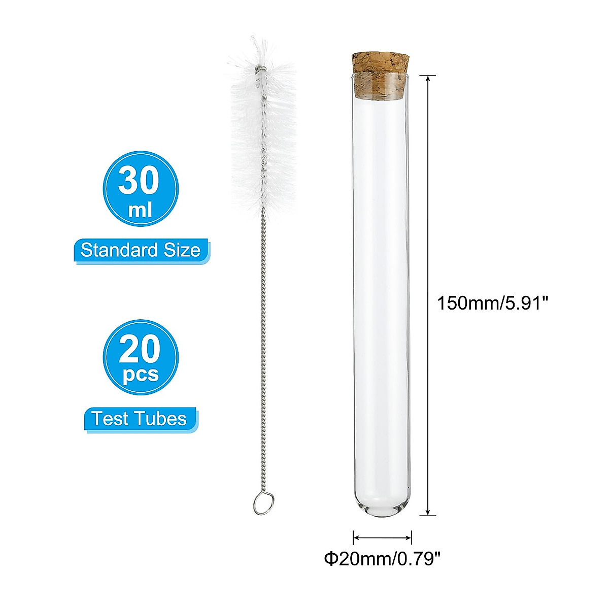 PATIKIL 30ml Test Tubes Set, 20pcs 5.91x0.79in Glass Clear Round Bottom Test Tube Containers with Stopper for Bead Party Candy Bath Salt Storage Scientific Experiment Plant Propagation