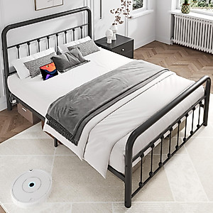 Fluest Queen Bed Frame with Headboard & Footboard, Bed Frame with Charging Station & LED, Metal Platform, Under Bed Storage, No Box Spring Needed, Noise Free, Easy Assembly, Black