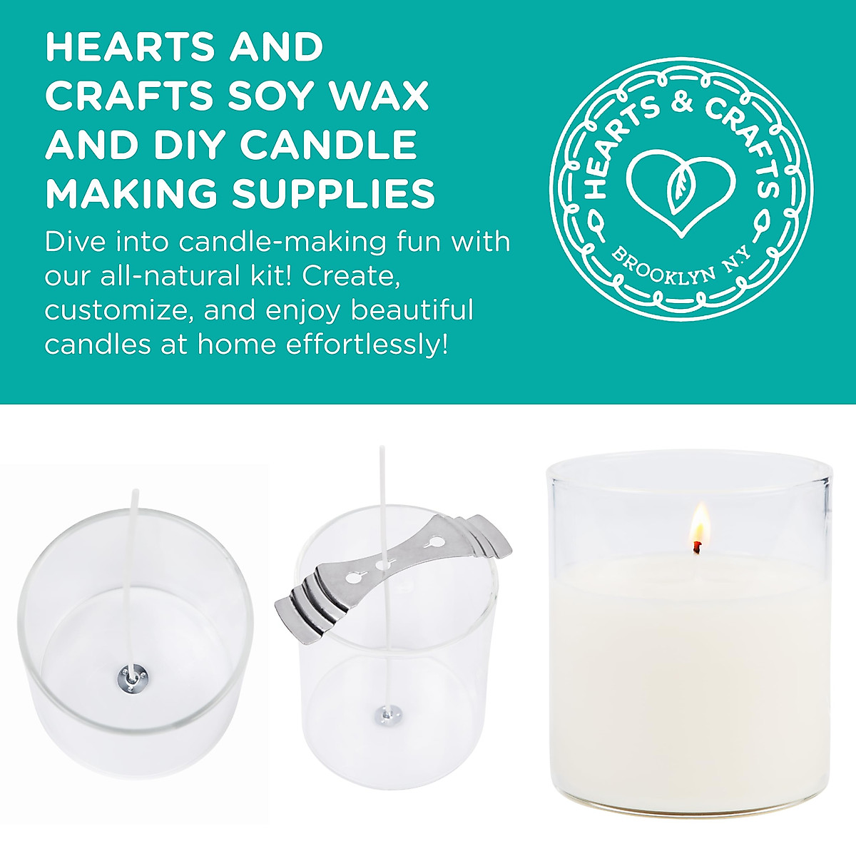 Hearts & Crafts Natural Soy Candle Wax and Candle Making Wax Supplies - 10 lbs Soy Wax for Candle Making - 100 6-Inch Pre-Waxed Candle Wicks - 2 Metal Centering Devices - 10 Pounds Soy Wax Flakes
