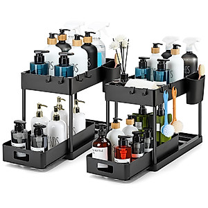 Ravinte 2 Pack Pull Out Under Sink Organizer 2 Tier Multi Purpose Sink Organizers Storage For Bathroom Kitchen Sink Storage Organizer With Hook & Hanging Cup Matte Black Sliding Cabinet Organizer