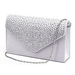 Nodykka Women Evening Envelope Rhinestone Frosted Handbag Party Bridal Clutch Purse Shoulder Cross Body Bag, Silver