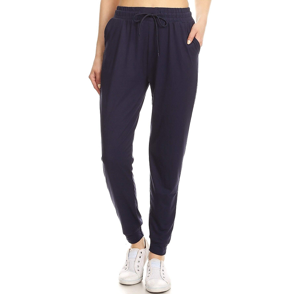 Leggings Depot Womens Relaxed fit Jogger Pants - Track Cuff Sweatpants with Pockets, Navy, X-Large