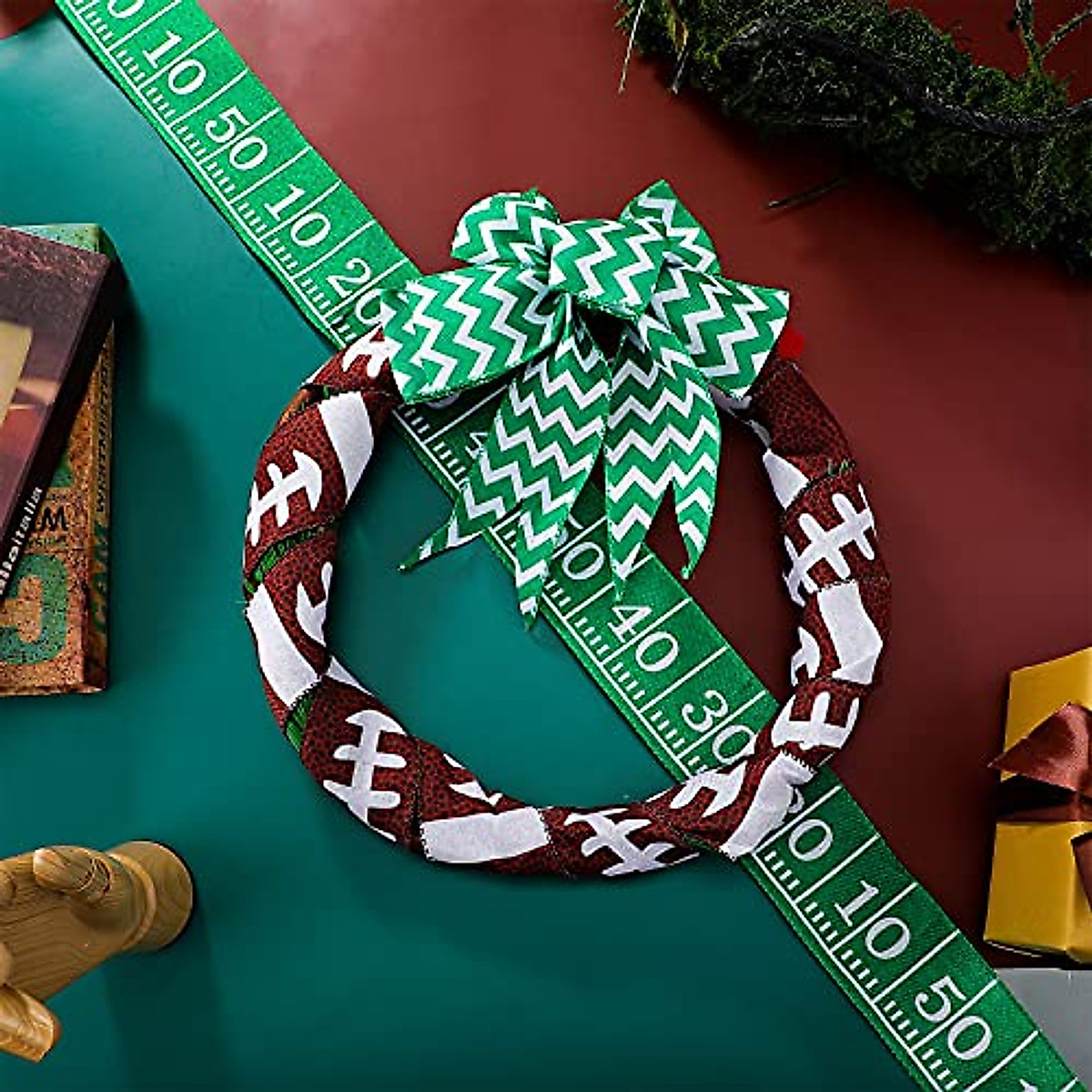 26 Yards 2.5 Inch Football Wired Ribbon Sport Wired Edge Ribbon Football Printed Burlap Ribbon Green Striped Ribbon for DIY Present Wrapping Craft, Football Fan Wreath, Swag and Bow, 4 Rolls