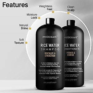 MYSTÉRE BEAUTÉ Rice Water Shampoo and Conditioner Set - Ultra-Nourishing Hair Care Set, Promotes Growth, Revitalizes Shine, and Shields from Damage - Infused with Essential Oils - 16 fl oz Each