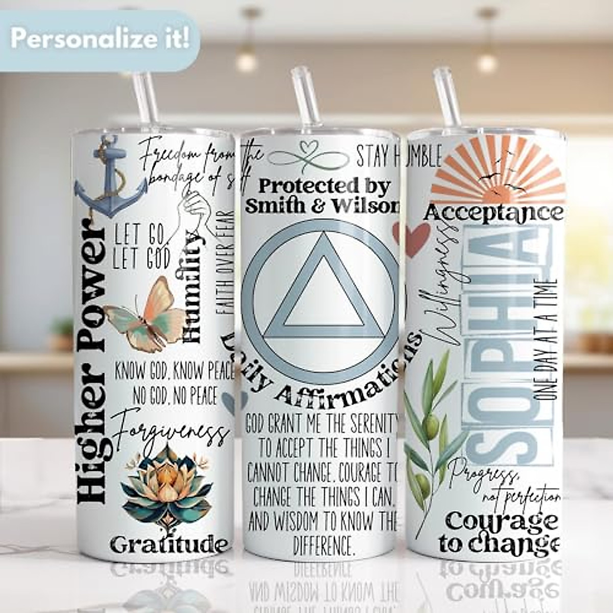 Personalized AA Recovery Affirmations Tumbler, Stainless Steel Vacuum Insulated Coffee Cup with Lid and Straw Double Wall Travel Mug for Tea Cold Beverages Drinks (30 oz)