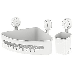 LEVERLOC Corner Shower Caddy Suction Cup & Toothbrush Holder NO-Drilling Removable Bathroom Shower Shelf Heavy Duty Max Hold 22lbs Caddy Organizer Waterproof & Oilproof for Bathroom & Kitchen - White
