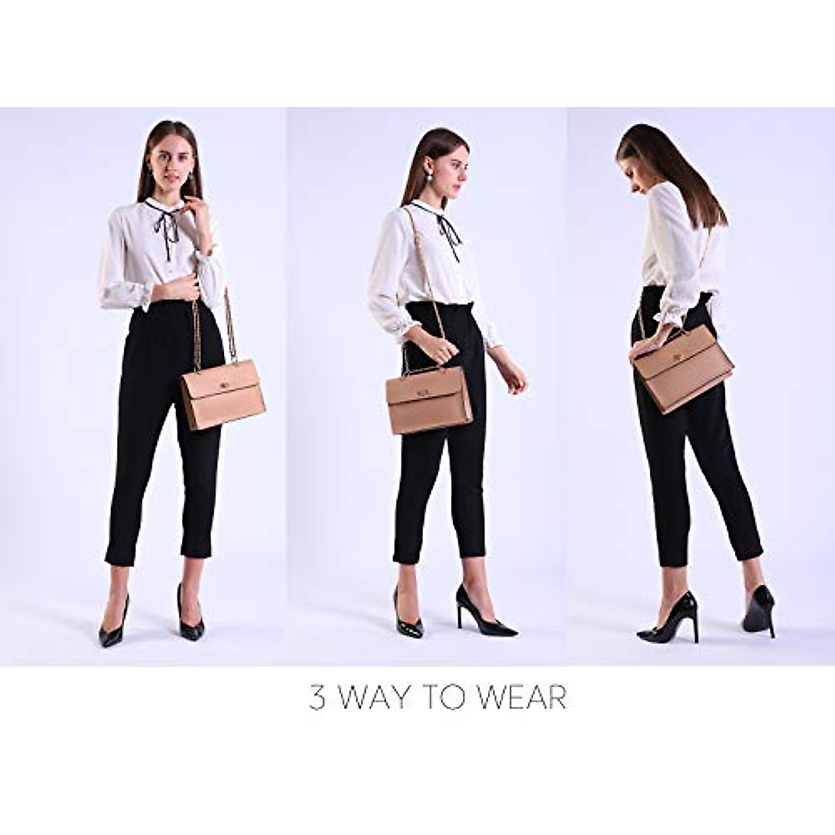 Women Chain Shoulder Handbag with Turn Lock Minimalist Flap Top Cross Body Bag Purse (Nude) Medium