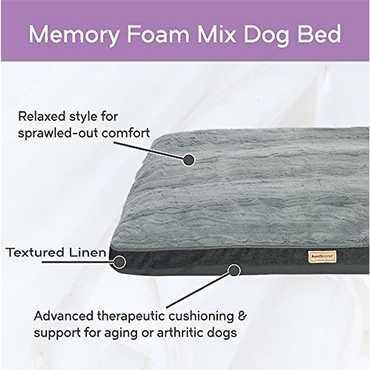 Pooch Planet Large Memory Foam Mix Dog Bed Plush & Textured Linen Mattress w/Removable Washable Cover - Gray, Large