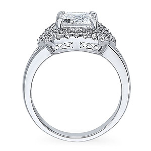 BERRICLE Sterling Silver Halo Wedding Engagement Rings Step Emerald Cut Cubic Zirconia CZ Statement Cocktail Split Shank Ring for Women, Rhodium Plated Size 8