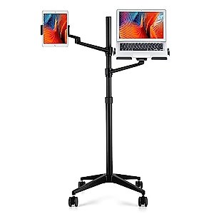 viozon Tablet and Laptop Floor Stand, 2-in-1 Rolling Adjustable Dual arm, Compatible with 4.5~13'' Phone and Tablet Compatible with iPhone, iPad Pro, iPad, Extra Tray Fits 12 to 17'' Laptop/Notebook(B
