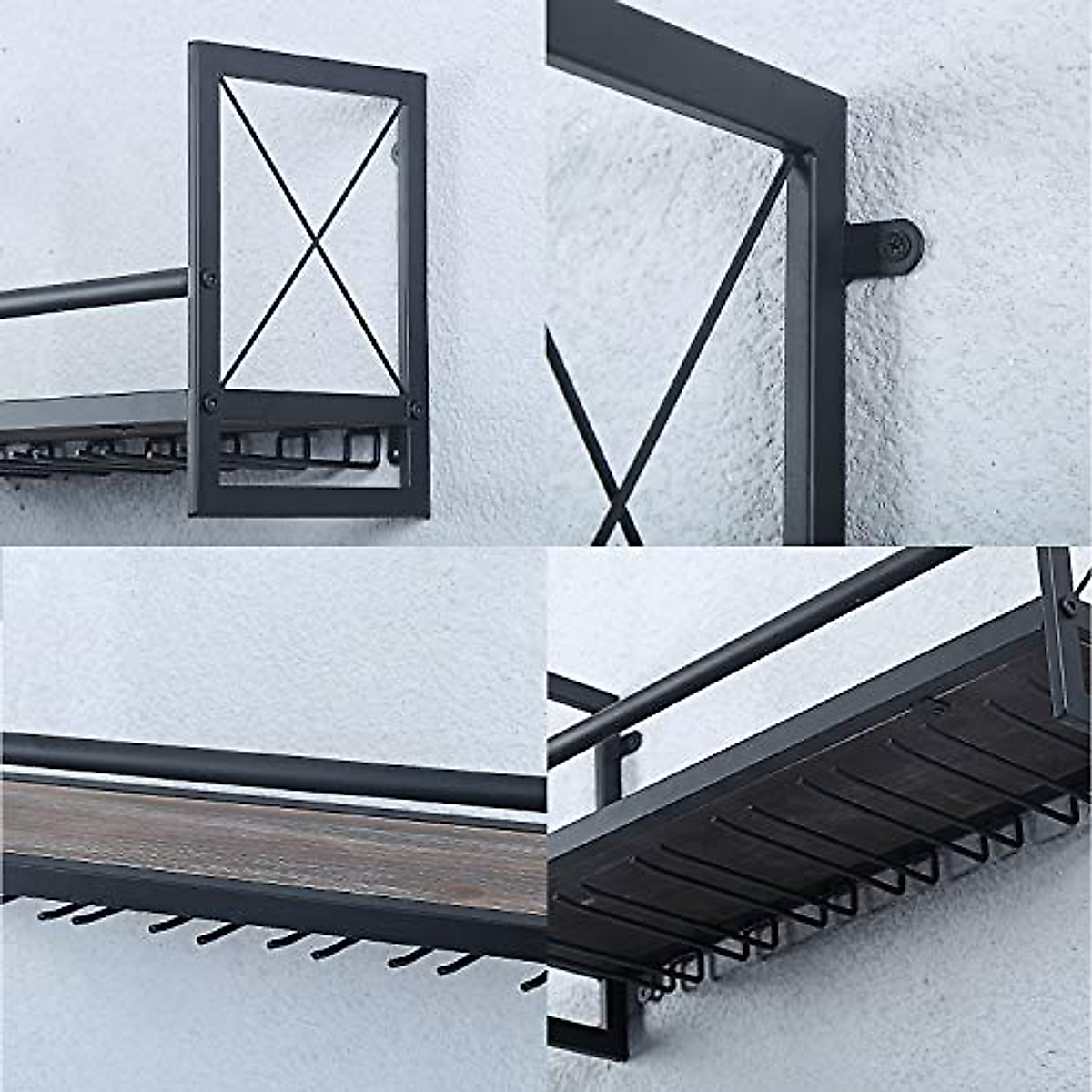 MBQQ Industrial Wine Racks Wall Mounted with Stemware Racks,23.6in Rustic Metal Hanging Wine Holder,Bottle Holder with 7 Stem Glass Holder,Metal&Wood Shelves Home Decor Wall Shelf