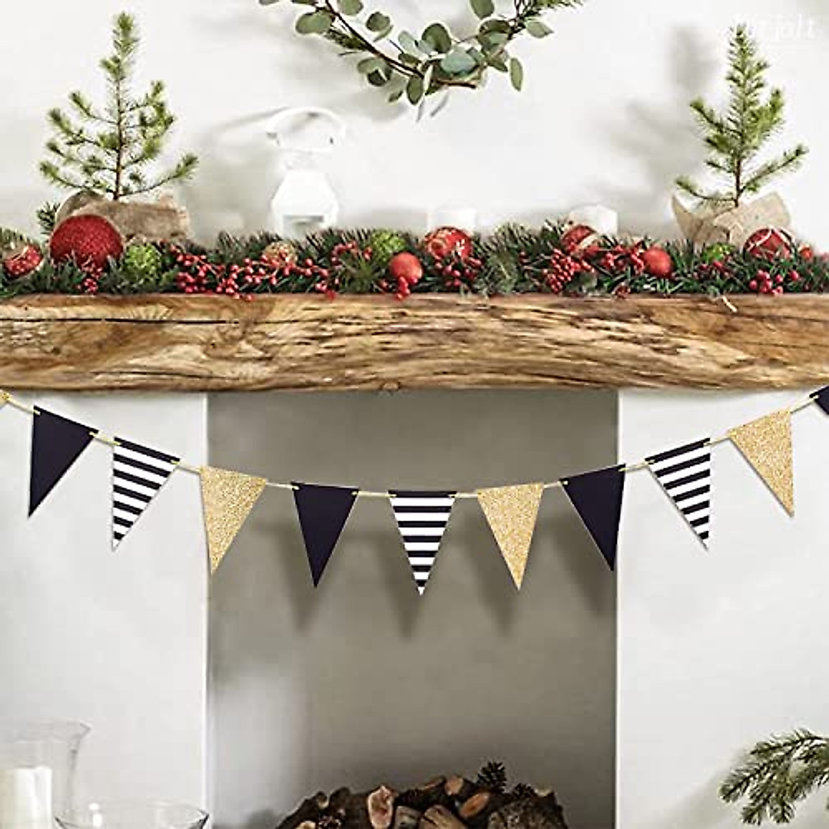 Gold Black Triangle Banner Decorations Bunting Signs for Graduation Flags Decoration Birthday Gatsby Party Nursery Classroom Anniversary Decor Golden New Year Supplies 15pcs 10 Feet (Golden Black Striped)