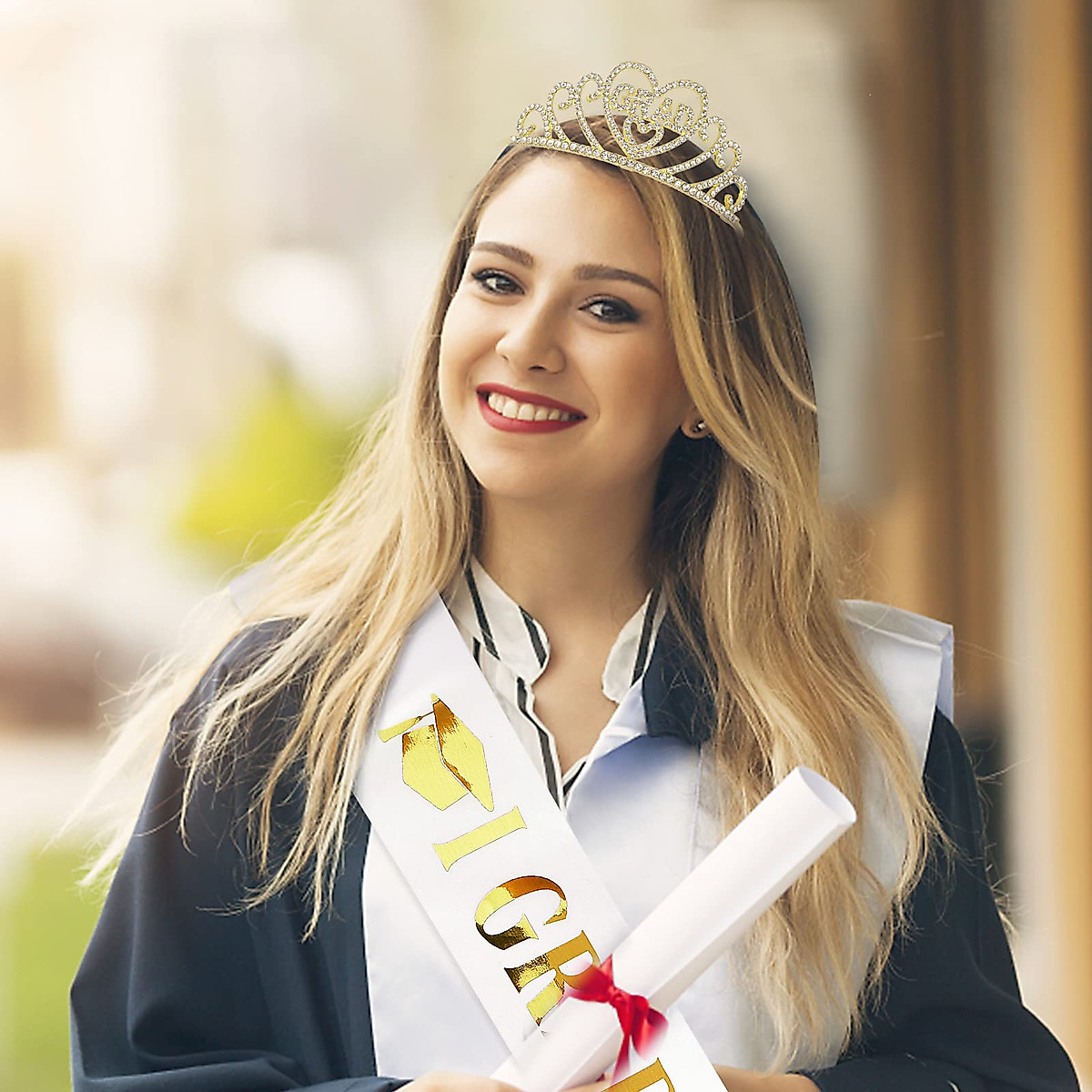 CAVETEE Gold Graduate Crown and Sash Congratulations Graduate 2024 Grad Party Decorations 2024 Graduate Crowns for Women Grad Tiara and I Graduated Sash for Women Grad Cap Decorations Grad Cap Topper