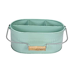 Alpha Living Home Farmhouse Utensil Caddy Carry-All Serveware-Galvanized Metal Organizer for Kitchen Counter-Comfort Wooden Handle In/Outdoor Storage For Flatware,Condiments,Party Cutlery,Arts-TEAL