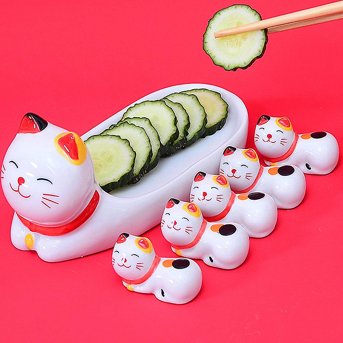 6-piece Cute Ducks Ceramic Chopstick Rests, Spoon Fork Knife Holder Stand Festive Dinner Table Ornament (set)… (Lucky Cat Set)