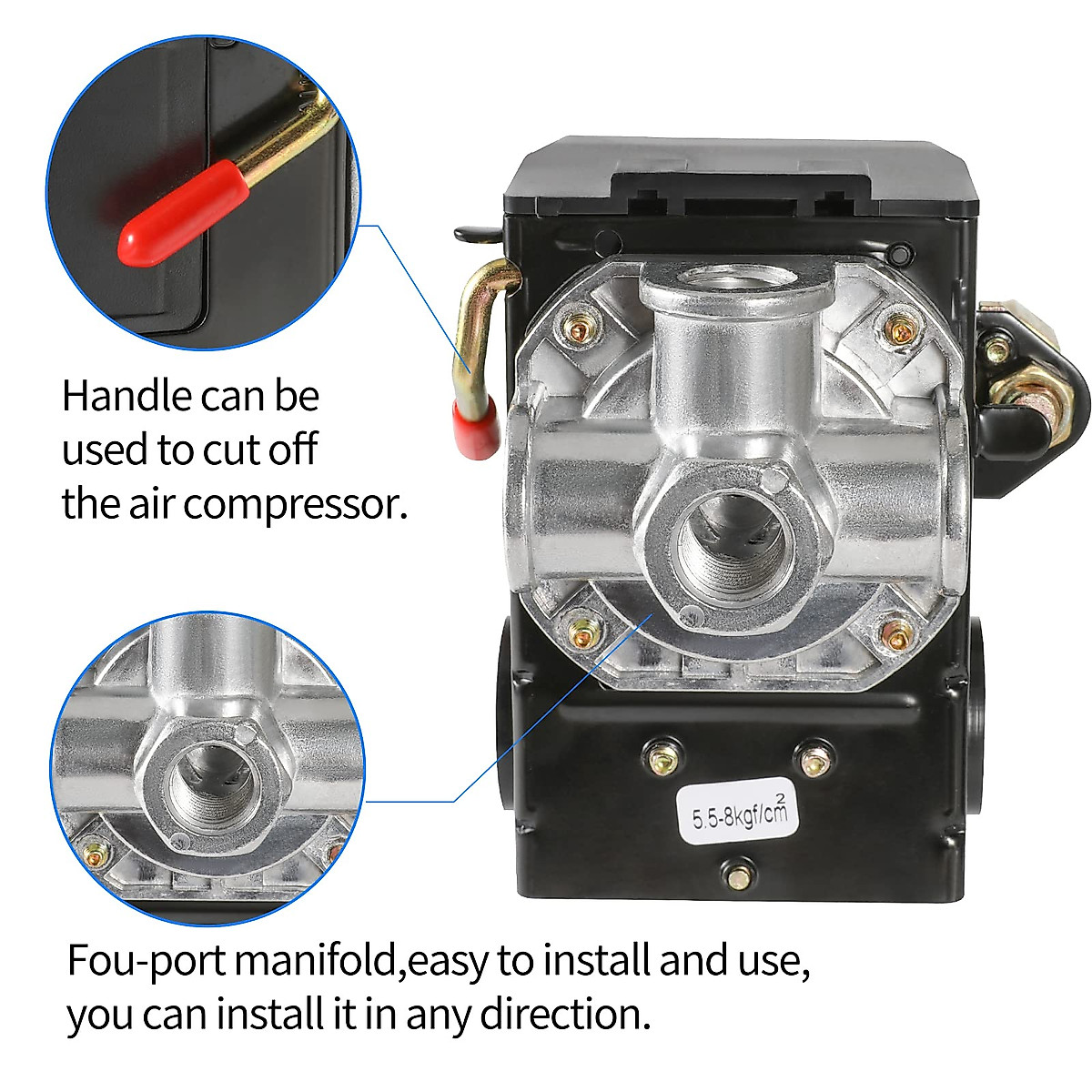 OAMCE Air Compressor Pressure Switch Replacement LF10-4H with 95-125 PSI Range and 20A Rating, 4-Port