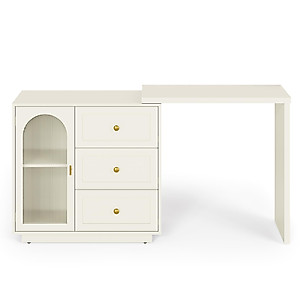 RoyalCraft Makeup Vanity Desk, Extendable Corner Vanity Makeup Table with 3 Drawers & 1 Door, Modern Dressing Table for Bedroom, Cream White Makeup Vanity Without Mirror