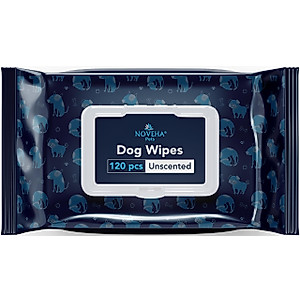 NOVEHA Dog Wipes - Odor Eliminating and Cleaning Grooming Wipes for Dog's Paws, Body, and Butt - Perfect for Puppy and Adult Dogs - Plant-Based, Safe, Convenient & Large Unscented Wipes (120 Counts)