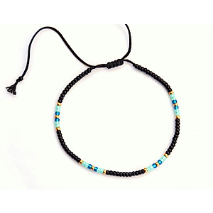 Anklet for Women, Unique Beaded Thin Anklet, Black Gold Colorful Boho Hippie Waterproof Beach Foot Jewelry, Native American Style, Handmade by Tribes (S-M (adjustable))