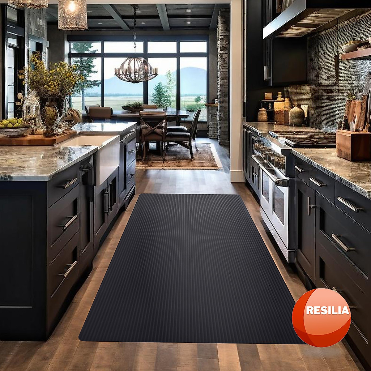 Resilia Black Plastic Floor Runner - Embossed Wide Rib Waterproof Vinyl, Non Slip, Heavy Duty Protector Mat for Indoor Hardwood, Hard Floors, Garage, Entryway, Kitchen, & Outdoor Use, 27” x 6’