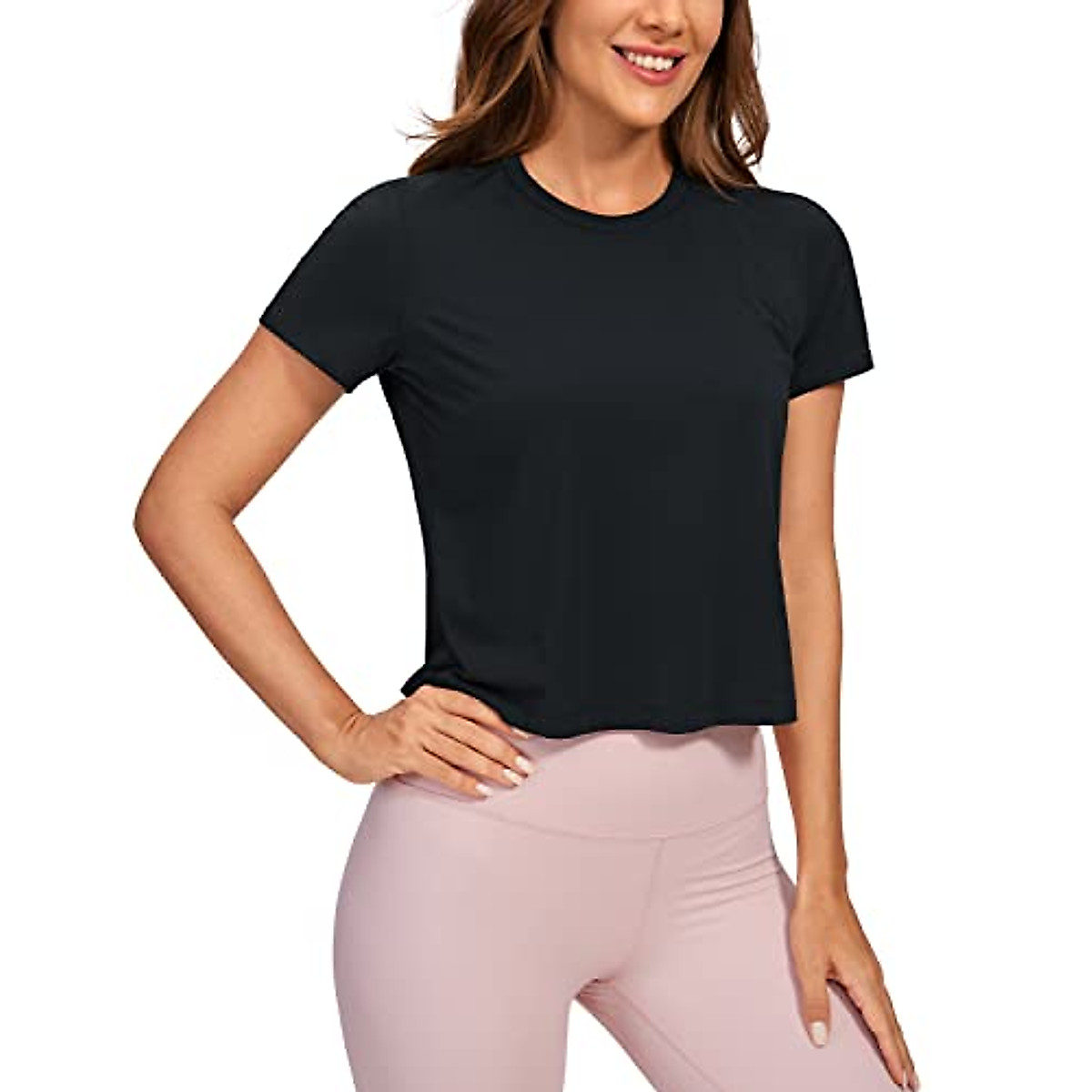 CRZ YOGA Women's Pima Cotton Short Sleeve Crop Tops High Neck Cropped Workout Tops Yoga Athletic Shirts Casual T-Shirt Black Medium