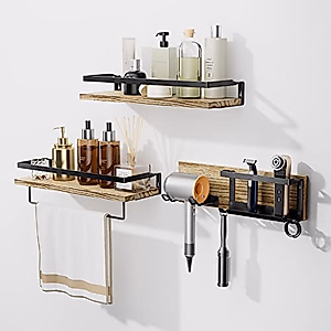 AMADA HOMEFURNISHING Floating Shelves,Rustic Bathroom Shelves with Sturdy Hooks and Towel Bar, Paulownia Wood Wall Shelves for Bathroom, Bedroom, Living Room, Kitchen, Entryway, Set of 3, AMFS01-1