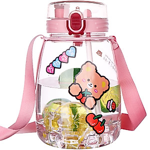 44 Oz Cute Water Bottles with Straws,Creative Kawaii High Capacity Cups,Leakproof Pot Belly Bottles with Adjustable Shoulder Strap,Anti-Fall Portable Juice Kettle Drinking Bottle Transparent Water Jug