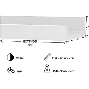 Kiera Grace Set of Two Edge Simple & Classic Decorative Engineered Wood Floating Wall-Mounted Picture Frame Shelves for Home, Room, & Office, 44" L x 4" W x 2" H, White, Set of 2