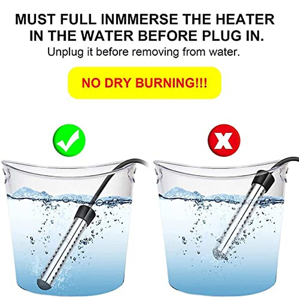 Immersion Water Heater, Bucket Water Heater, Submersible Water Heater 304 Stainless Steel Guard, Pool Heaters for Boiling Bath Water to Heat 5 Gallons of Water in Minutes-U.S Standard