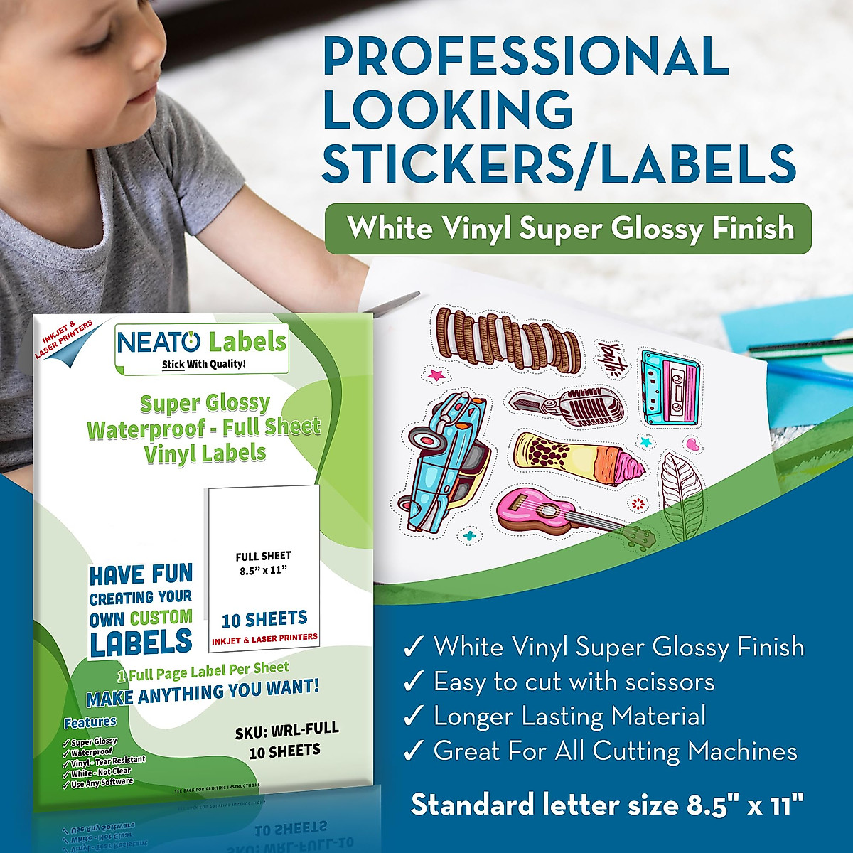 Printable Vinyl Waterproof Sticker Paper for Inkjet and Laser Printer - 10 White Full Sheet Super Glossy Craft Labels - Strong Adhesive - Tear Resistant - Made in The USA - Design Software Included