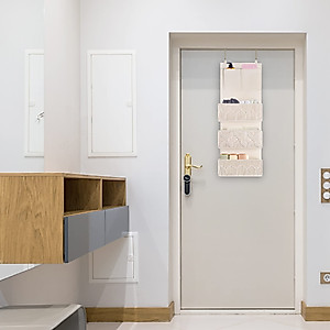 FEILANDUO Over The Door Organizer Boho Macrame Closet Organizers and Storage with 3 Large Woven Pockets Behind Door Organizer for Nursery, Pantry, Bathroom, Bedroom, Dorm (Ivory)