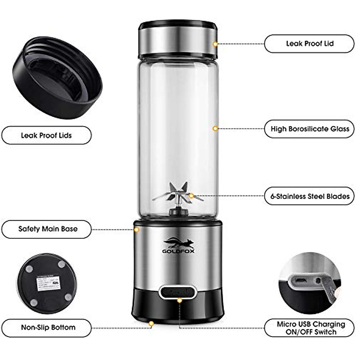 GOLDFOX Portable Blender, USB Rechargeable Personal Blender for Shakes and Smoothies, 15oz Detachable Portable Juicer Cup Small Fruit Juice Mixer for Travel, Gym, Office, etc. (with Brush)