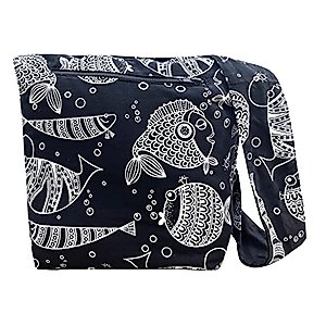 Fish Print Crossbody - Fully Lined with Front Zippered Pocket - Small Hobo Cotton Sling Messenger Bag - Black & White